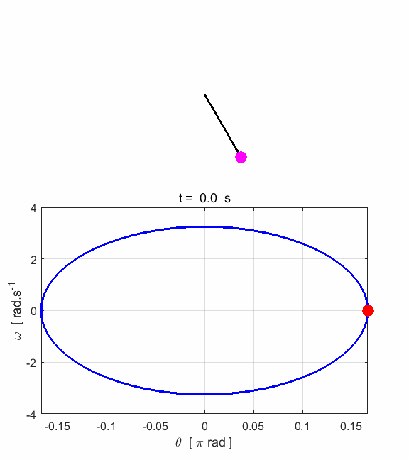 Fig. 1.3. Animated motion of the pendulum and its phase space plot.